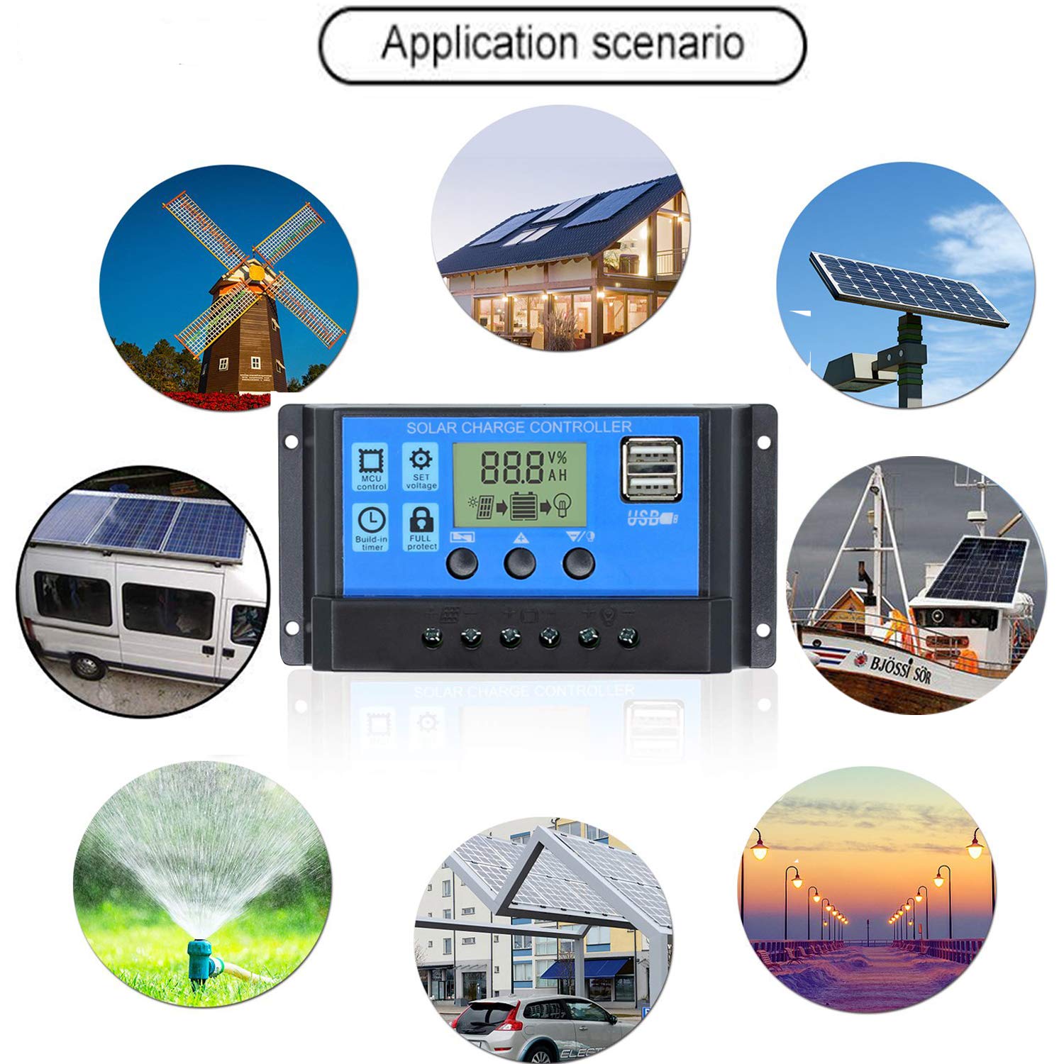 30A Solar Charge Controller 12V/ 24V Solar Panel Charge Controller Dual USB Charge Regulator Intelligent, Adjustable Parameter LCD Display and Timer Setting ON/Off Hours