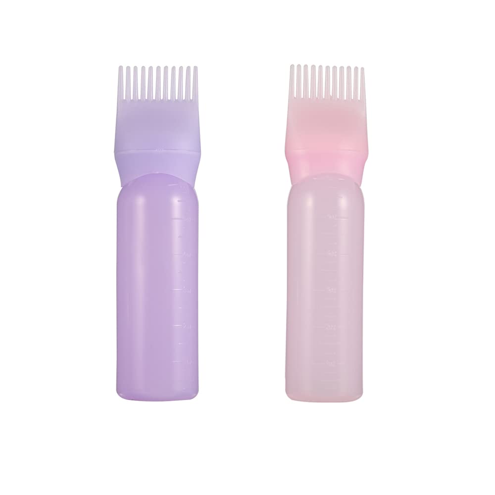 2PCS Root Comb Applicator Bottle, Empty Bottle Styling Tool Dyeing Shampoo Bottle, Hair Dye Applicator Brush Bottles Dyeing Shampoo Bottle (Purple&Pink)