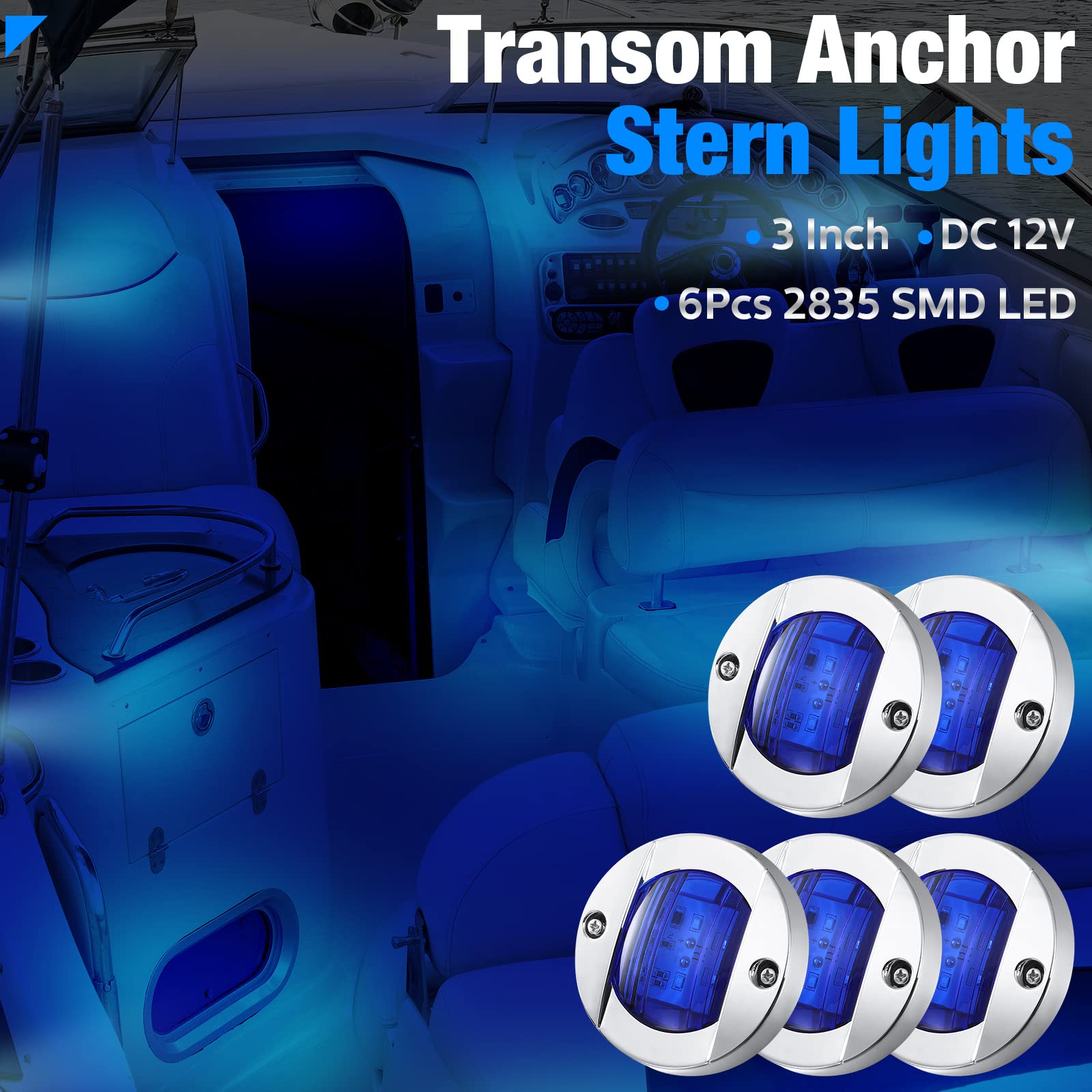 20 Pcs Marine Boat Interior Lights 12V 3 Inch Round LED Boat Deck Courtesy Light Waterproof Navigation Lights 6 LED Transom Mount Stern Anchor Light Surface Mount(Blue)
