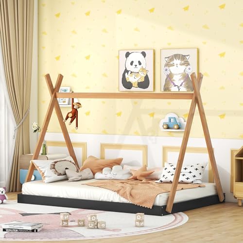 DEYOBED Full Size Tent Triangle Structure, Solid Wood Floor Bed Frame for Kids Boys Girls, No Box Spring Needed, Black+Brown