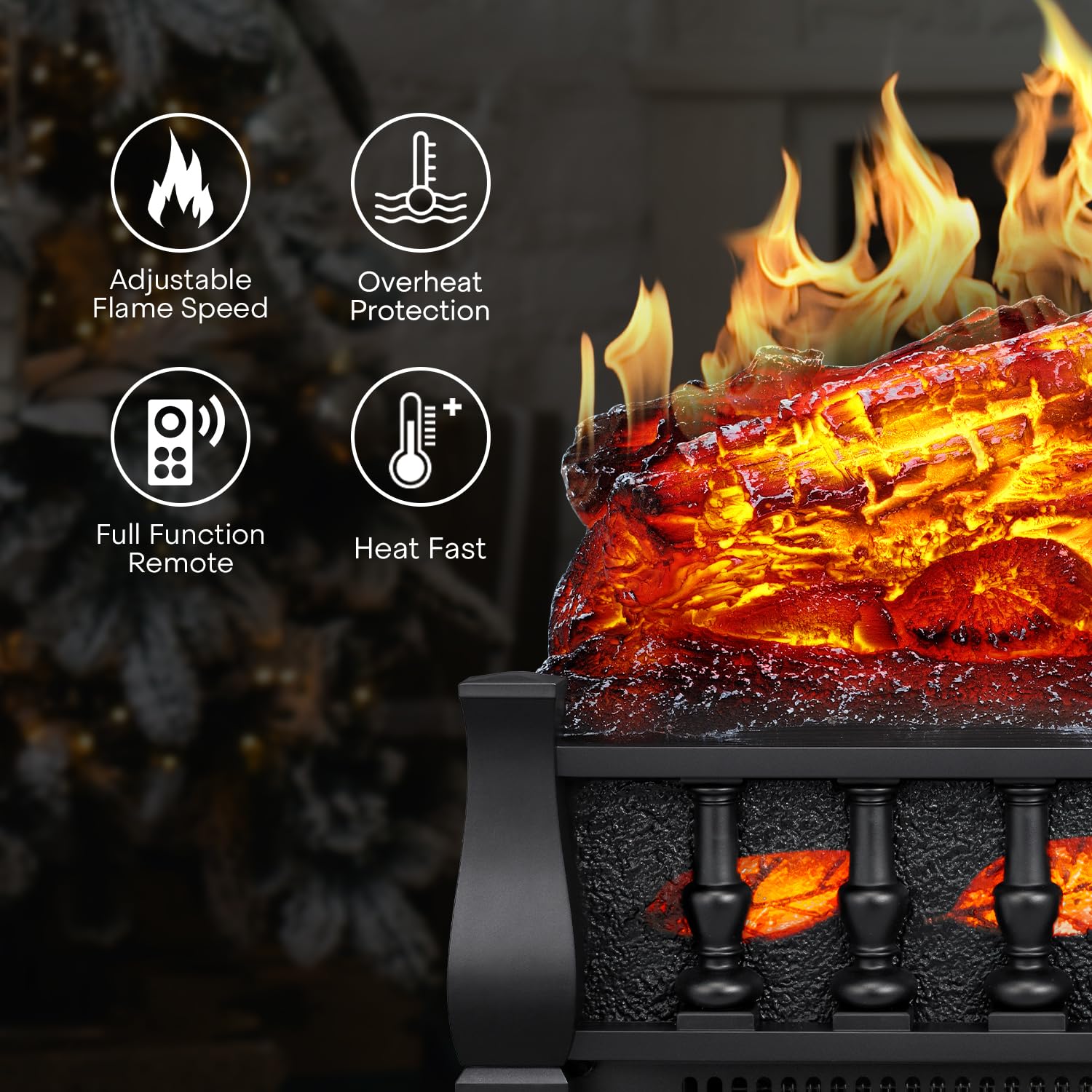 20" Electric Fireplace Heater with Realistic Flame Remote Control for Indoor Use, 750W/1500W Power Smoldering Logs, Black