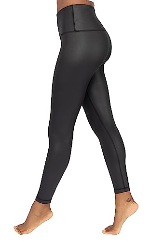90 Degree By Reflex Women's High Waisted Tummy Control Squat Proof Faux Leather Pleather Ankle Leggings - Black Cire - Medium