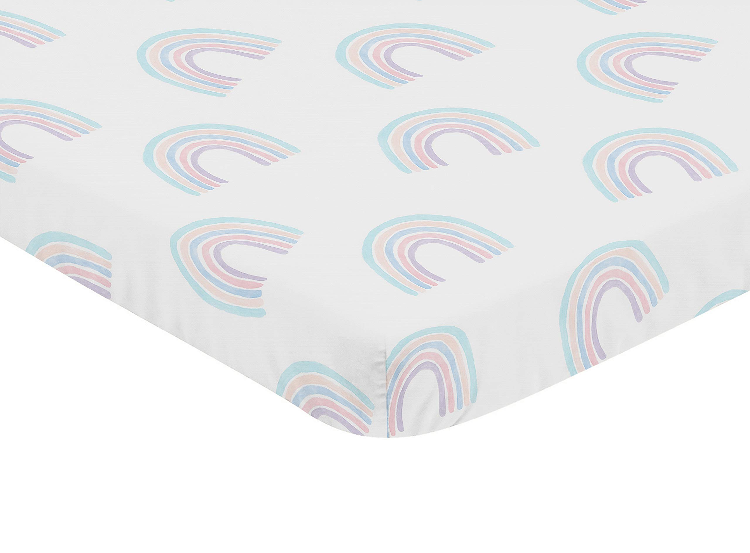 Sweet Jojo Designs Pastel Rainbow Girl Fitted Mini Crib Sheet Baby Nursery for Portable Crib or Pack and Play - Blush Pink, Purple, Teal, Blue and White
