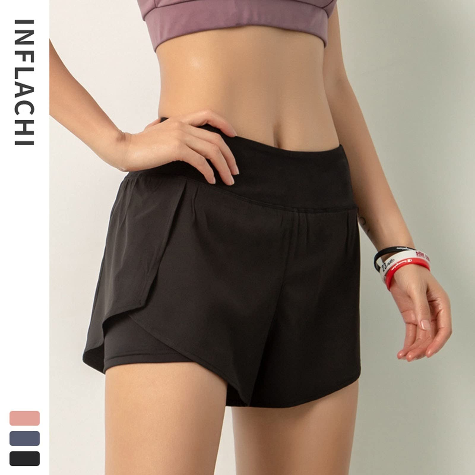 Bblulu Women's Athletic Running 2 in 1 Shorts High Waisted Workout Traning Jogging Cycling Sports Shorts Solid Yoga Pants