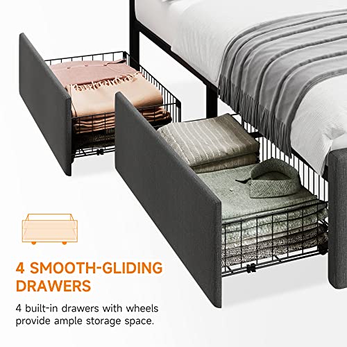 IDEALHOUSE Full Bed Frame with 4 Storage Drawers,Grey Full Size Platform Upholstered Bed Frame with Headboard and Wooden Slats Support,No Box Spring Needed (Full)