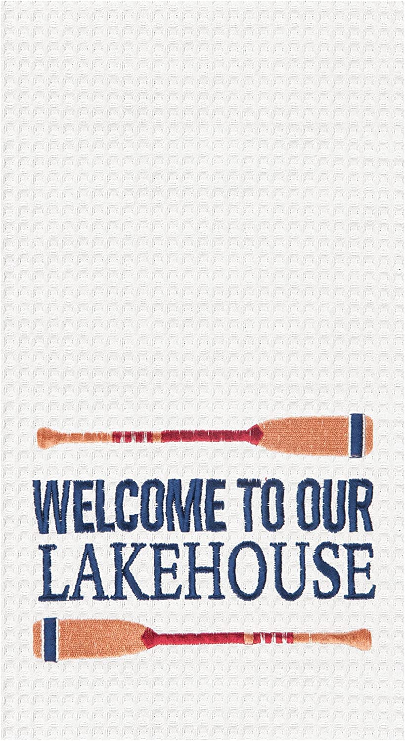 3 Lake House Theme Embroidered Kitchen Towel Set-Waffle Flour-Hand Towels w Lake Rules, Paddles Anchor-Outdoor Camping Boating Dish Cloths