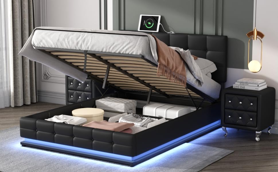 3-Pieces Queen Size Bedroom Sets,PU Upholstered Queen Platform Bed Frame with 2 Nightstands and USB Charging Station,Lift Up Storage Bed Queen,Bedroom Furniture Sets, Easy Assemble,Black