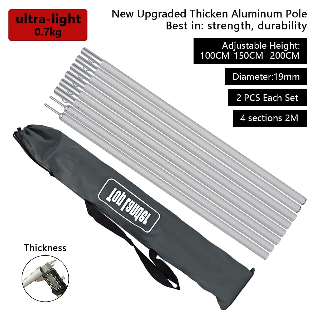 200CM Aluminum Tent Poles for Tarp Ultralight Tarp Poles Rust-proof Folding Camping poles for Awning Sail Sun Shade Hiking Adjustable from 100-200cm