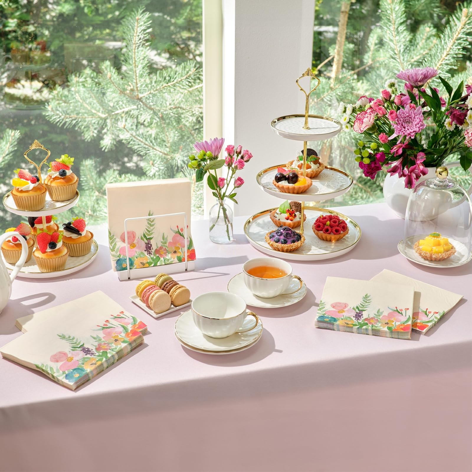 Juvale 100 Pack Vintage Style Disposable Floral Paper Napkins, 2-Ply, 6.5x6.5β, Napkins for Garden Bridal Shower, Tea Party, & Wedding