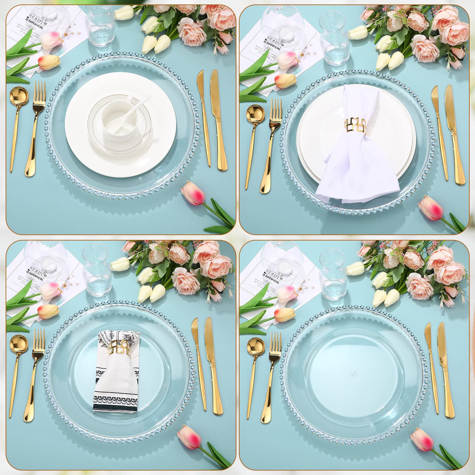 50 Pieces Clear Charger Plates Bulk 13 Inch Plastic Round Dinner Plate with Beaded Rim Acrylic Embossed Dinner Chargers Decorative Plates for Home Kitchen Party Wedding Events Dinner Tabletop Decor