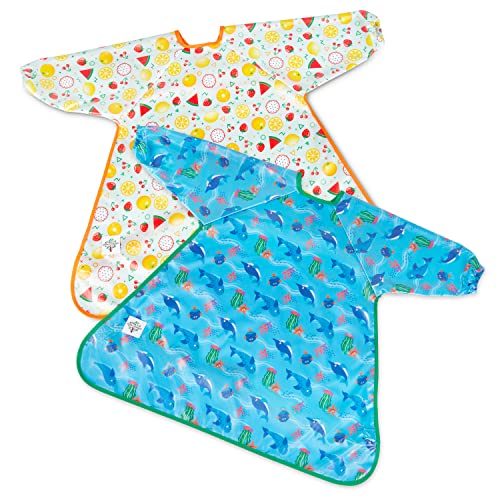 ShiShu Creations Weaning Bib Feeding Bib, Long Sleeve Bib, Ideal for Baby Led Weaning (BLW), Waterproof & Stain Resistant (Twin)