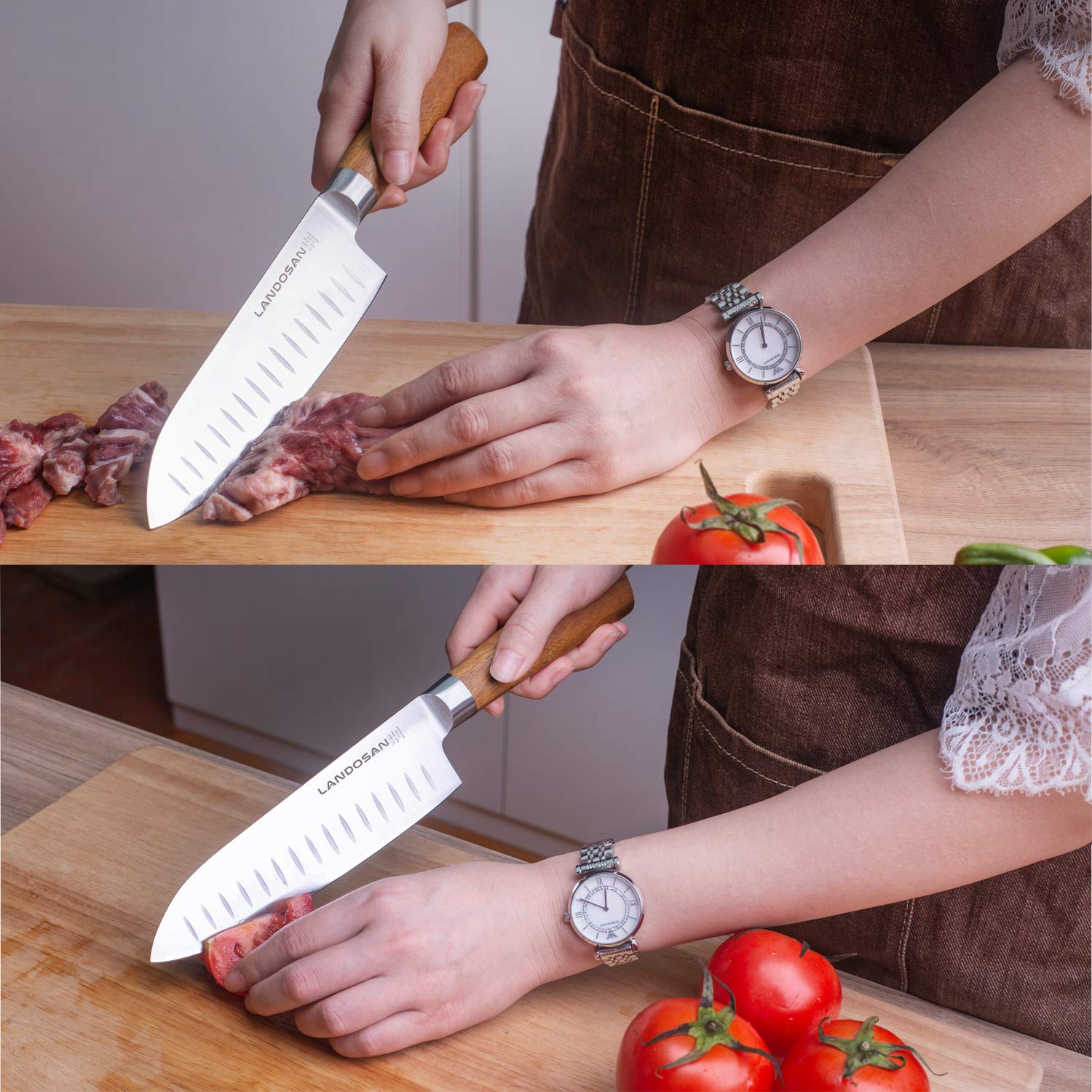 LANDOSAN Santoku Knife 7 inch Kitchen Knives Vegetable Stainless Steel Blade Genuine Wood Handle Cutlery for Home Kitchen and Restaurant…