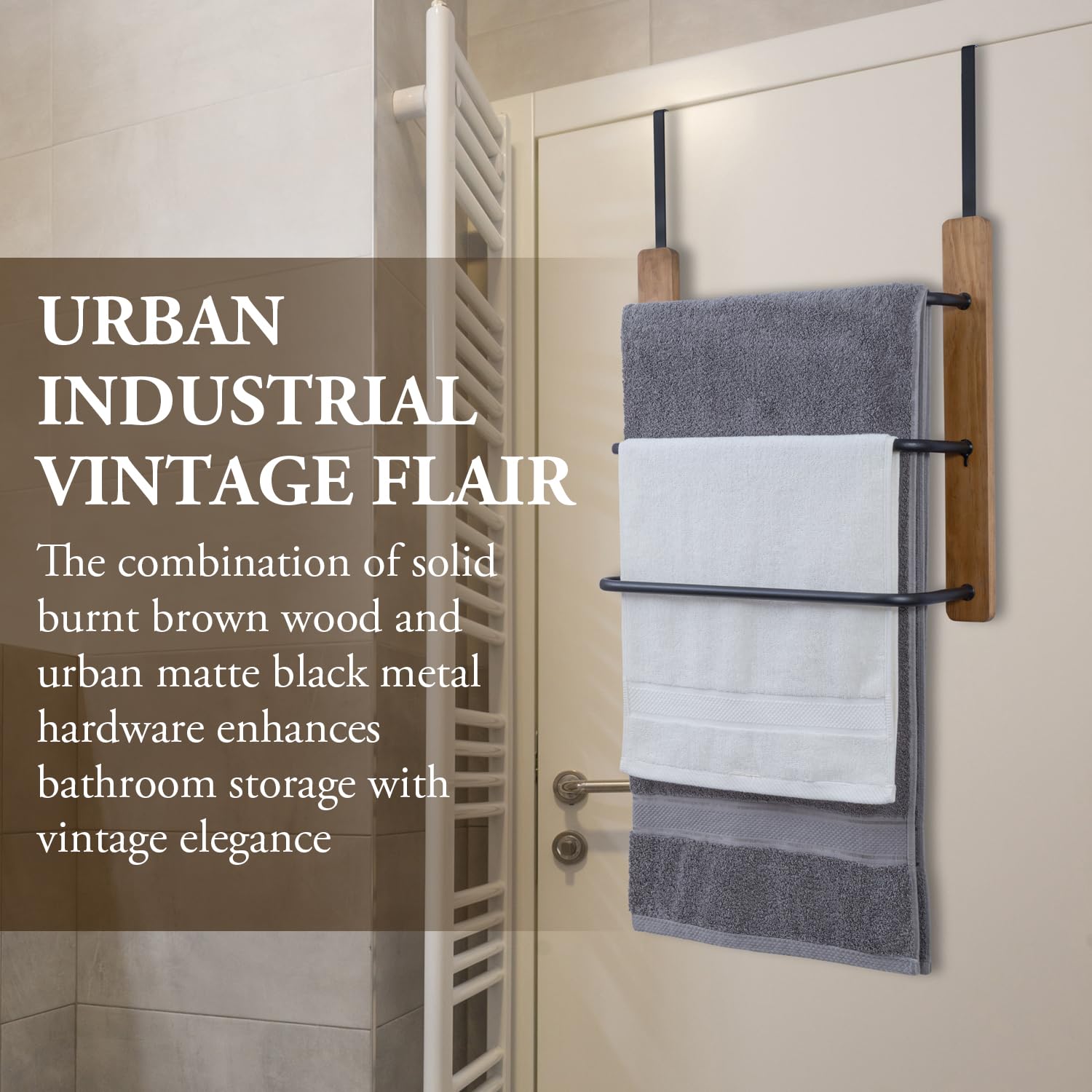MyGift Rustic Over The Door Towel Rack, 3 Tier Solid Burnt Wood and Matte Black Metal Space Saving Bathroom Door Hanging Towel Bar