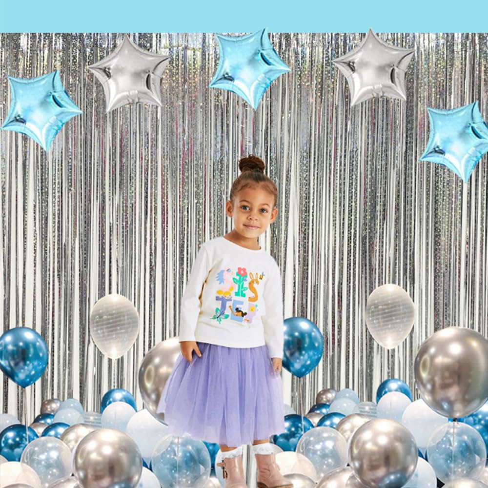 AIBIIN 2pcs 3.3x6.6ft Silver Tinsel Curtain Backdrop Silver Foil Fringe Curtain Backdrop Tinsel Streamers Party Decorations for Birthday Wedding Engagement Bridal Shower Baby Shower Bachelorette