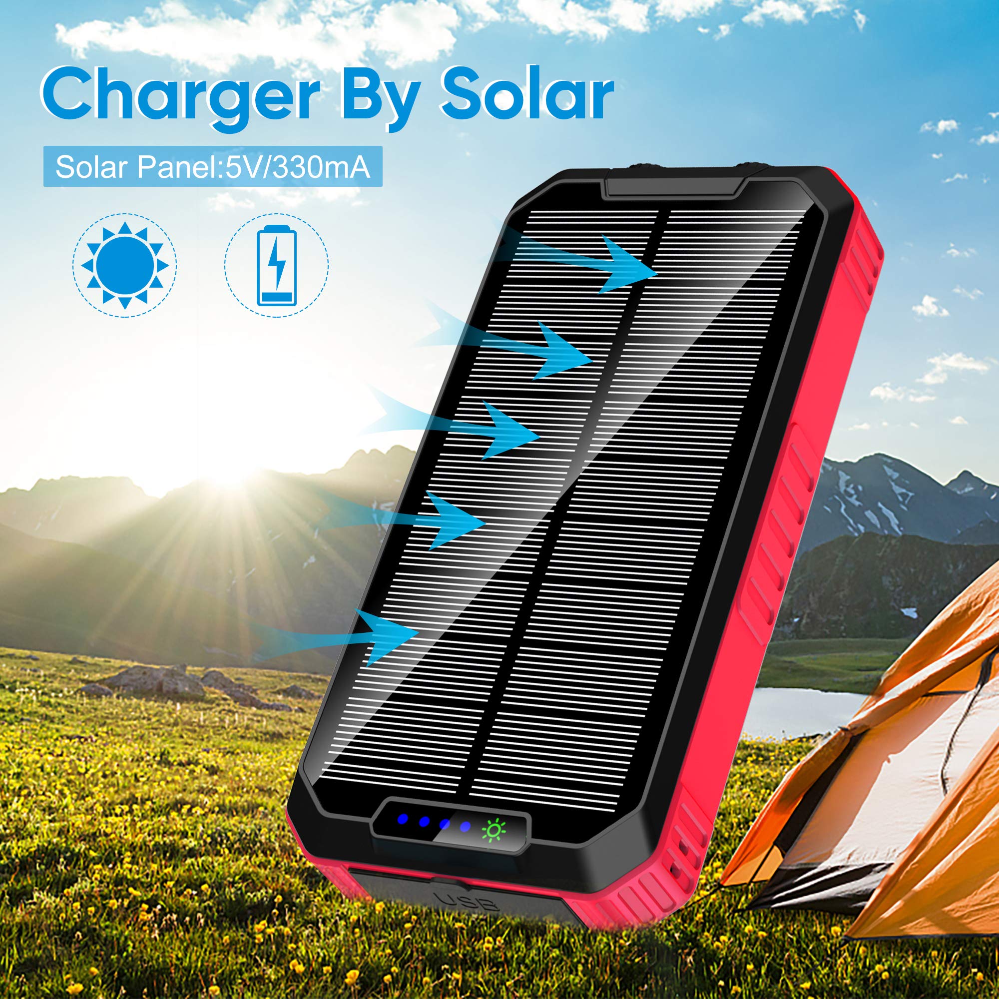 Solar Charger Power Bank OIMYE Solar Phone Charger 30000mAh, Type C Quick Charge 3.0, Wireless Portable Charger Power Bank with External 3 Cables & Flashlight for iPhone, Android, Tablet, Camping