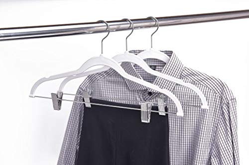 Quality Plastic Non Velvet Non-Flocked Thin Compact Coat Hangers with Metal Clips for Skirts Pants Blouses 360° Swivel Hook (White, 20)