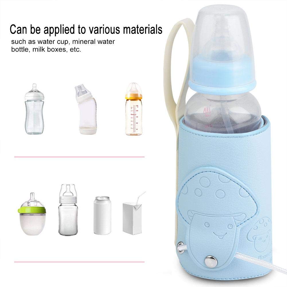Qinlorgo Portable Bottle Warmer, 10W USB Microfiber PU Baby Bottle Warmer Travel Bottle Warmer with Indicator Light for Water Cups, Mineral Water Bottles, Milk Boxes(Blue)