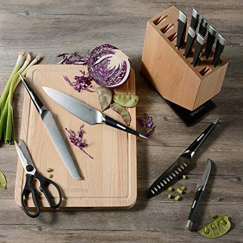 Linoroso Knife Set, 13-Piece Kitchen Knife Set with Block Sharp Chef Knife Set, German High Carbon Stainless Steel Knife Block Set with Beech Block with Black Oxide Stainless Steel Base