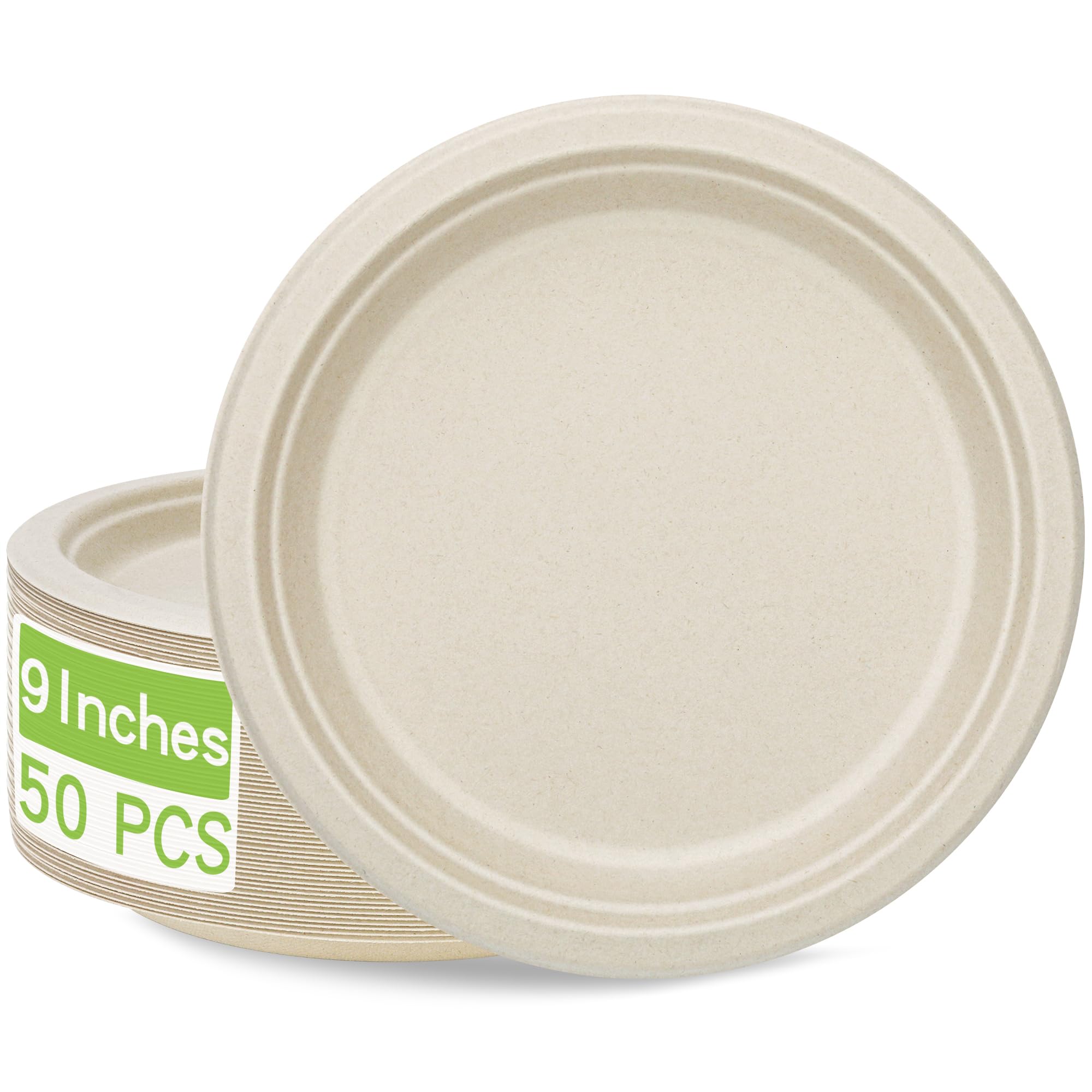 50 PCS Compostable Paper Plates, 9" Heavy Duty Disposable Plates, Biodegradable Sugarcane Fiber Natural Bagasse Party Plates Microwave Safe Dinner Plates Bulk for Daily Use Birthday Wedding Picnic