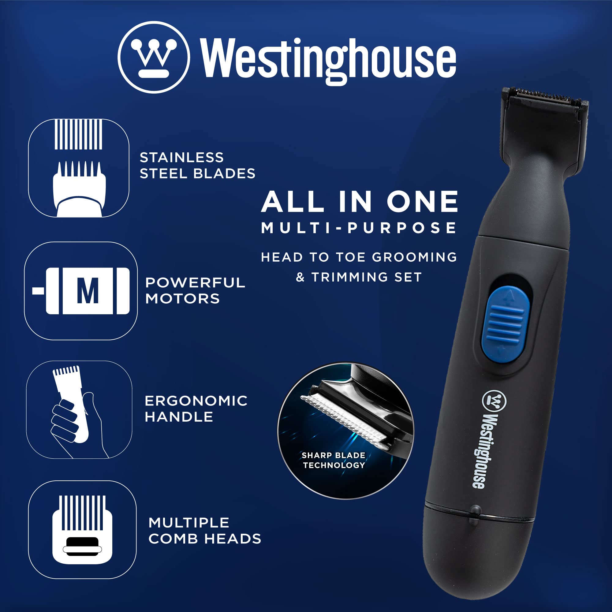 Westinghouse Men's All-in-One Beard Trimmer, Stainless Steel Dual Sided Blades, Adjustable Lengths, Includes Nose and Ear Trimmer Attachment, Portable and Travel Ready