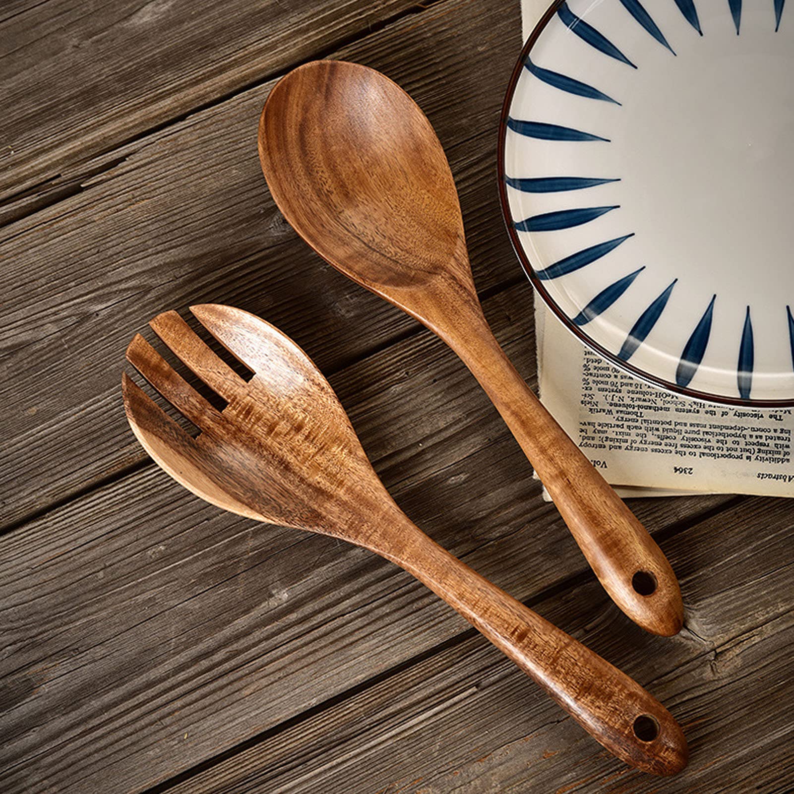 2Pcs / Set Wooden Mixing Spoon Fork with Hanging Holes, Ergonomic Design, Ideal for School Office Festival Use