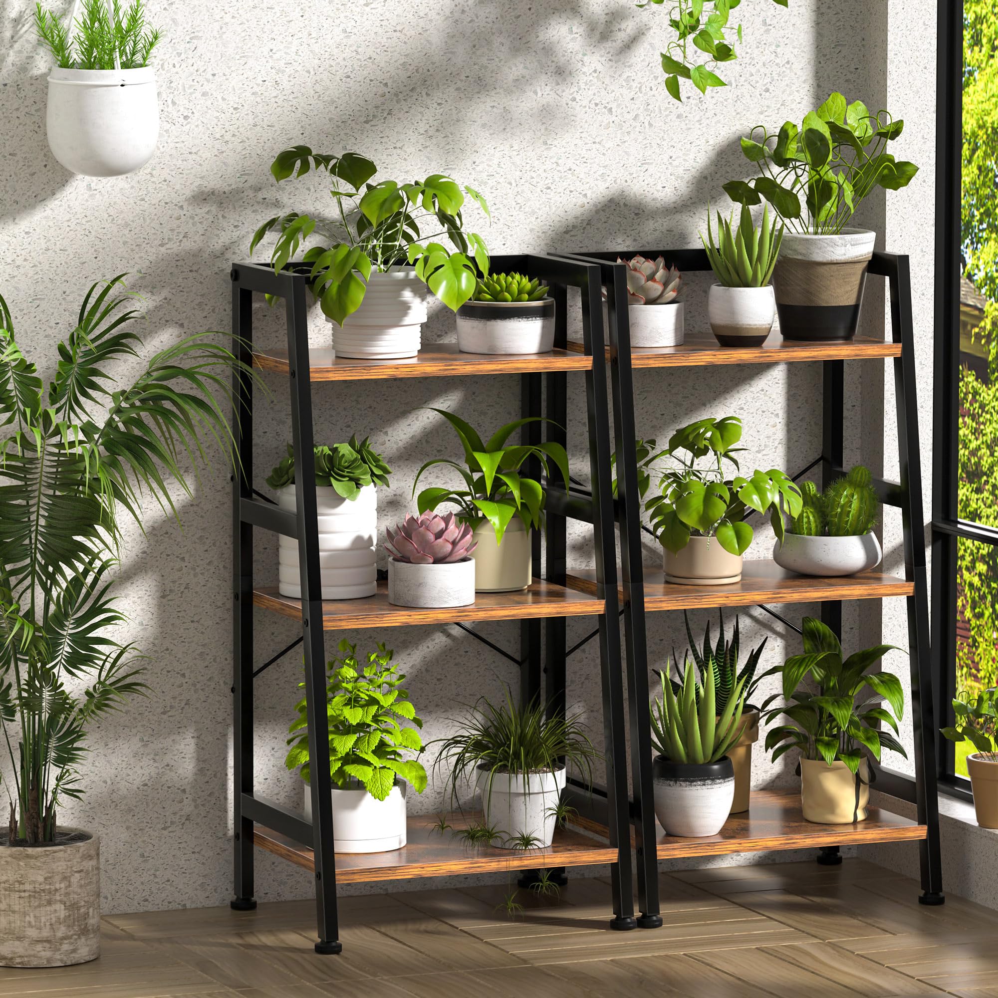 3-Tier Bookshelf, Ladder Shelf, Industrial Bookcase with Steel Frame, Metal Small Bookcase, for Living Room, Home Office, Kitchen, Bedroom, Industrial Style(Rustic Brown & Black)