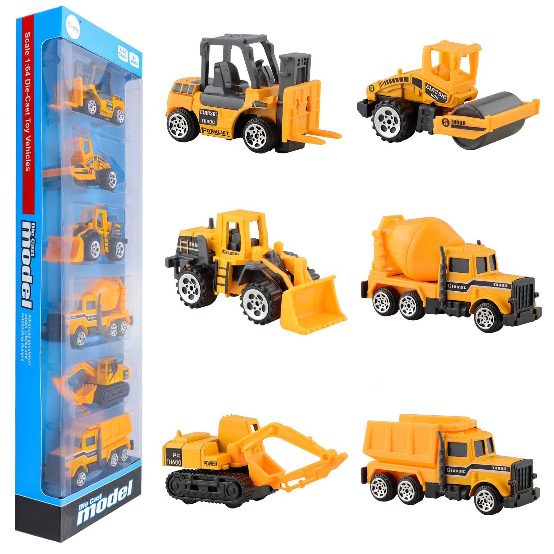 BenRich 6 Pcs Mini Die Cast Car Set 1/64 Scale Alloy Construction Trucks - Dump Truck, Excavator, Forklift, Road Roller, Bulldozer, Mixer Truck - Toy Cars for Kids Boys Girls Birthday Xmas Present