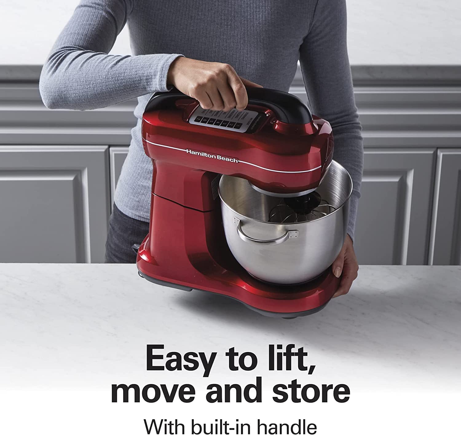 Hamilton Beach Electric Stand Mixer, 4 Quarts, Dough Hook, Flat Beater Attachments, Splash Guard 7 Speeds with Whisk, Red