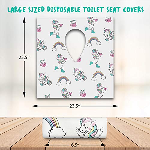 Disposable Toilet Seat Covers for Toddlers, Extra Large Individually Wrapped Unicorn Paper Potty Training Liners for Kids, Portable, Flushable with Non-Slip Adhesives, Potty Shields, Airplane & Travel