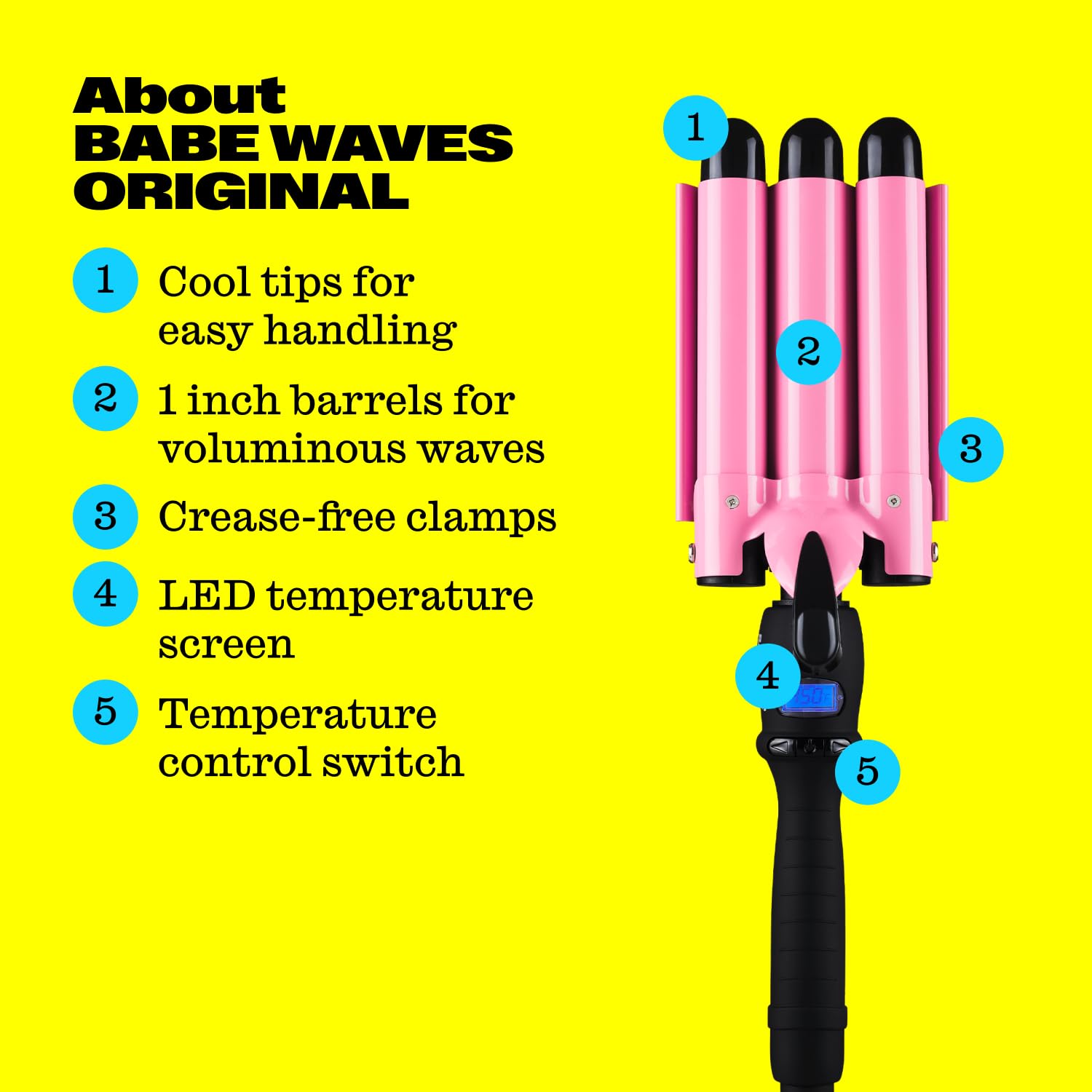 Trademark Beauty Three Barrel Hair Waver, Curling Iron, 1 Inch, Beach Waves, Quick Heat, Babe Waves Original, Adjustable Temperature Hair Curler - Pink