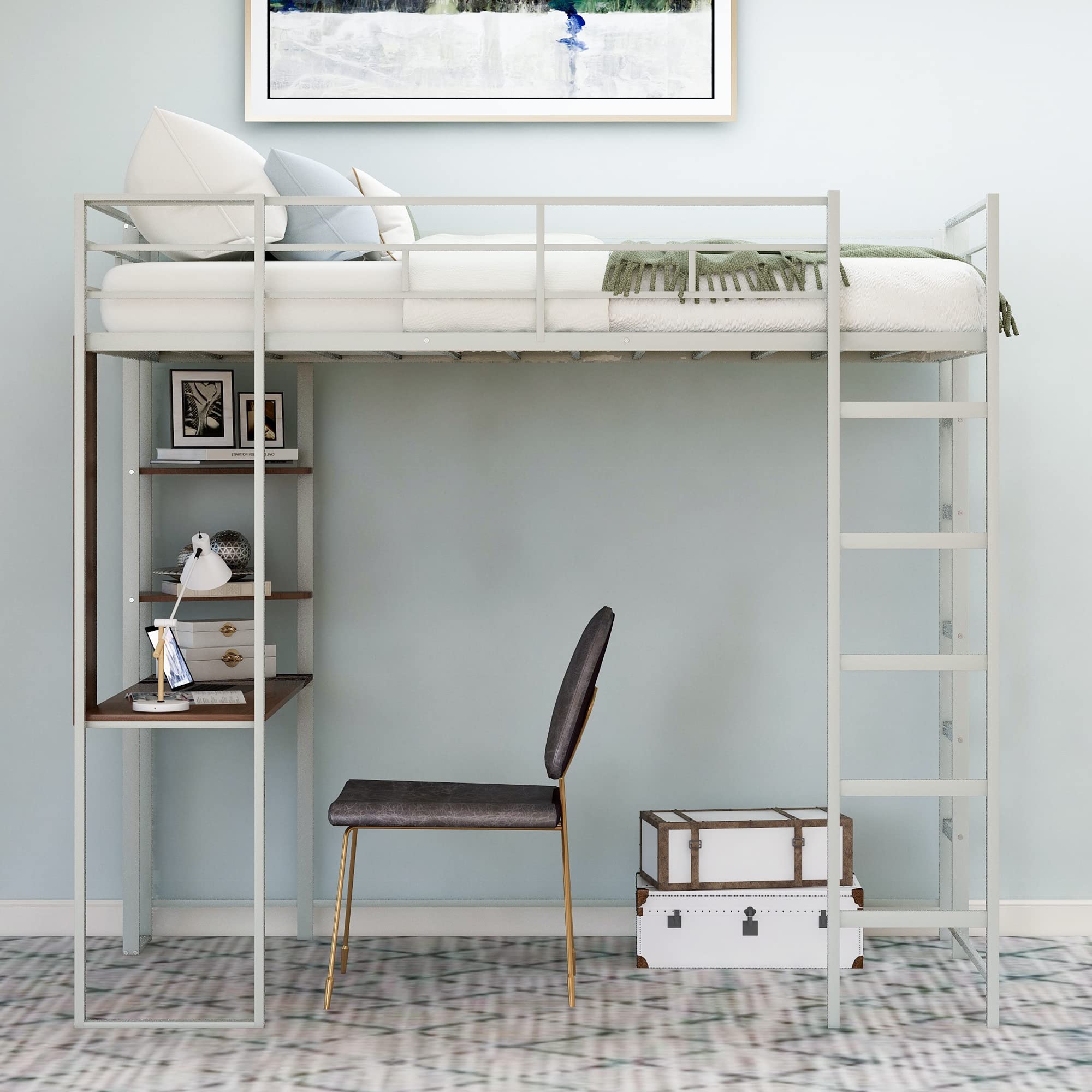 Harper & Bright Designs Twin Size Loft Bed with Desk, Heavy Duty Metal Loft Bed Twin with Shelves, Twin Metal Loft Bed Frame for Kids,Teens, No Box Spring Needed,Silver
