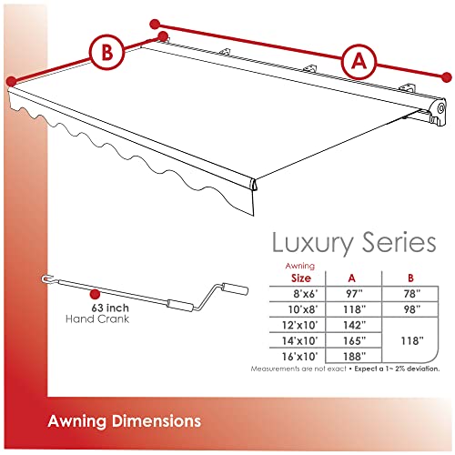 ADVANING MA1210-A447H2 Luxury Series, Premium Quality Manual Retractable Patio Awning, 100% Solution Dyed European Acrylic Easy UV Sunshade Manual Hand Crank, 12'x10', Ocean Blue - Sand Beige Stripes
