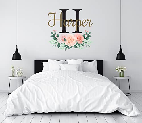 CuteDecals Flowers Custom Name & Initial Wall Decal - Personalized Peonies Art Decor Mural Girls Stickers For Nursery Bedroom Decoration (Mini Wide 15''x13'' Height)