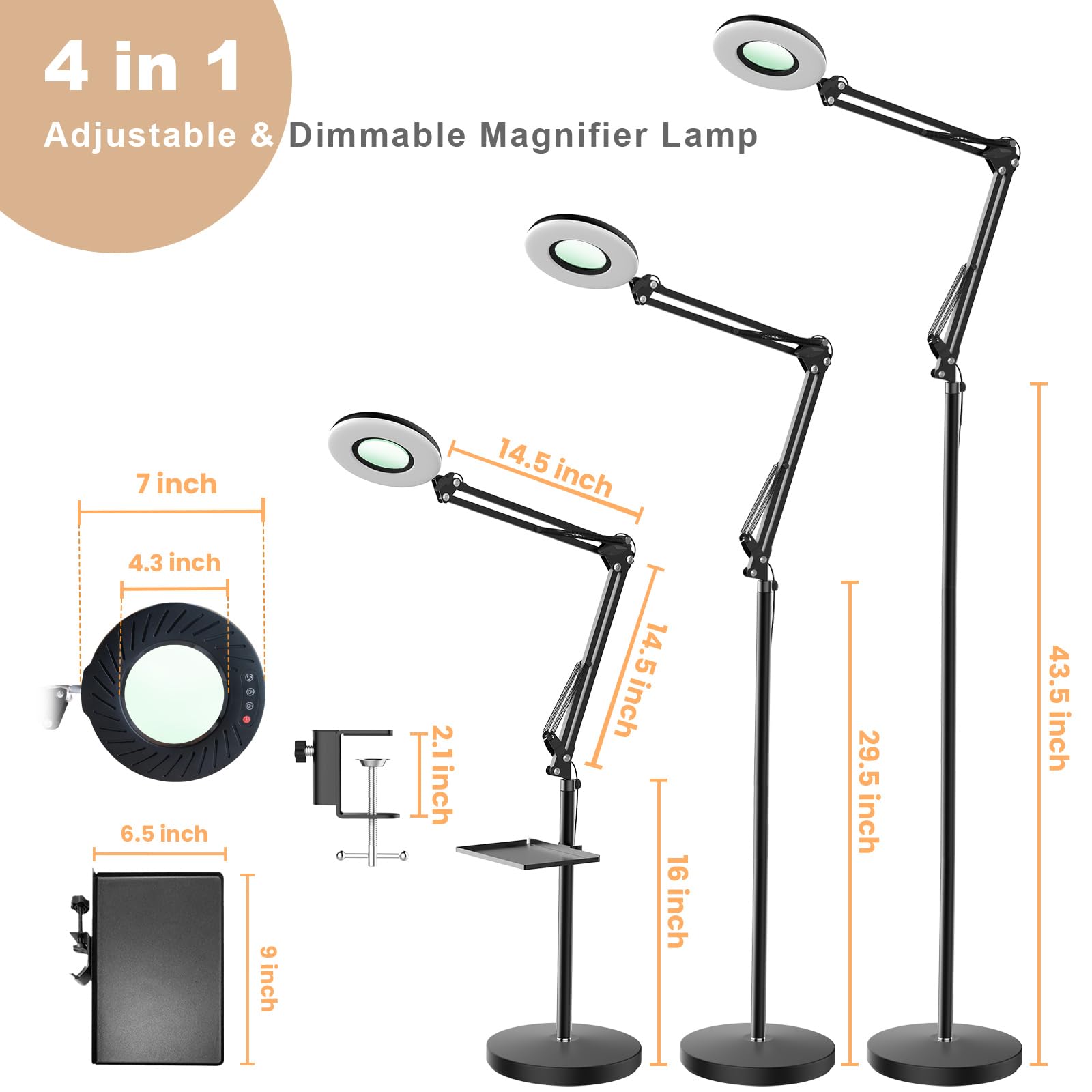 2300 Lumens Magnifying Glass with Light and Stand, 5X Esthetician Light Lamp with Overweight Base, 5 Color Modes, 3-in-1 Dimmable Magnifying Floor Lamp for Reading, Eyelash Extensions, Close Work