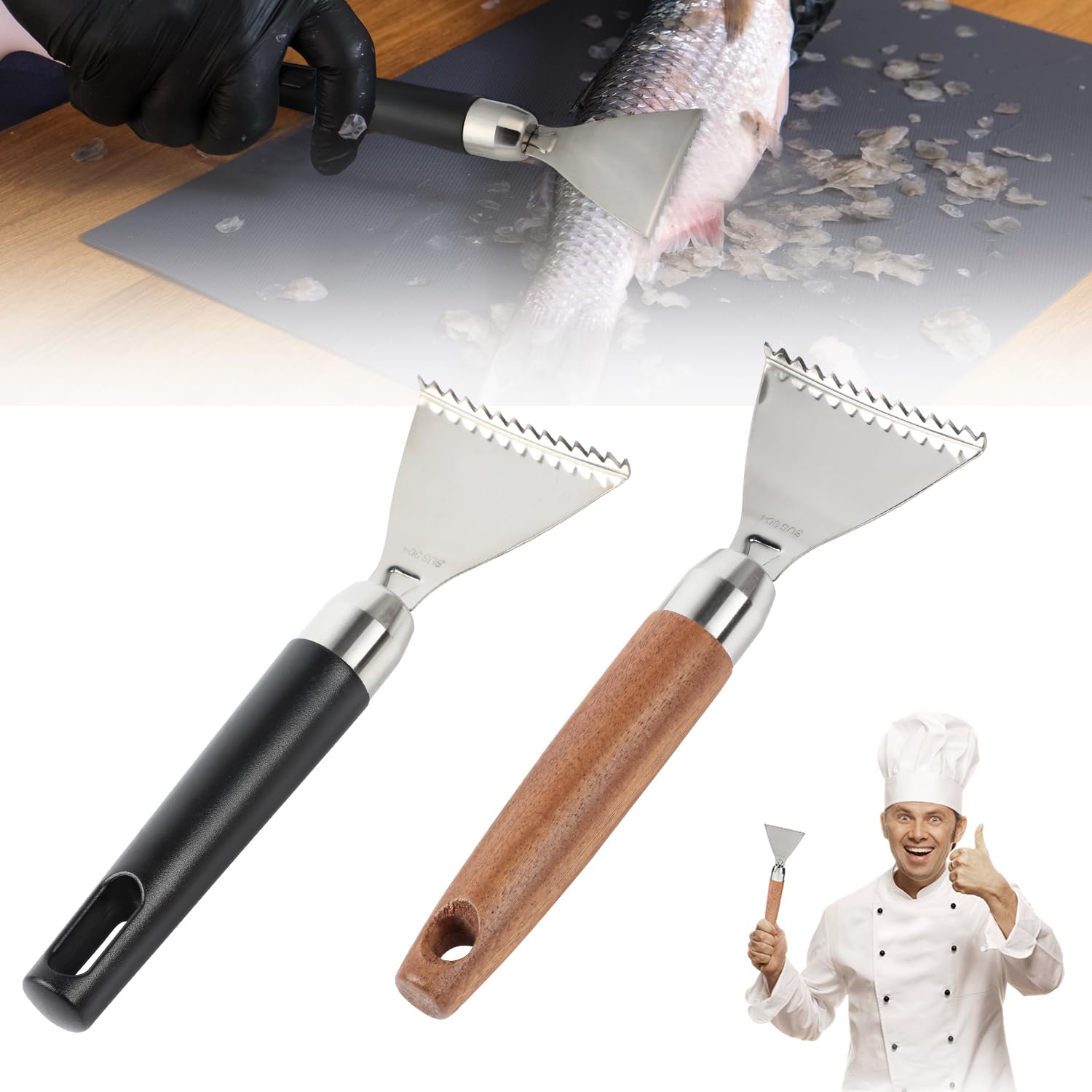 2Pcs Stainless Steel Sharp Durable Fish Scale Remover,304 stainless steel Fish Scale Remover,Portable Cordless Kitchen Fish Scaler Fish for Chef and Home Cooks Fish Cleaning tools(Black+Brown)