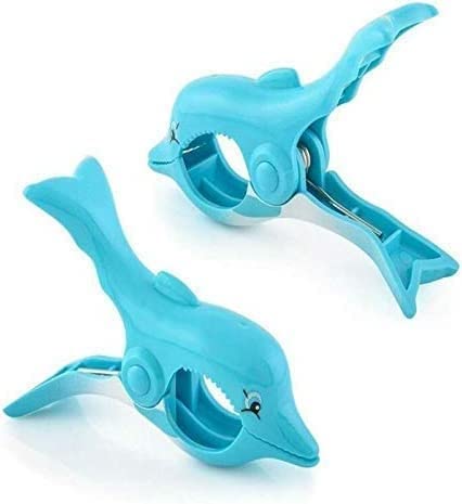 4 Set (8 Ct) 2X Blue Flipflop / 2X Dolphin Beach Towel Clips Jumbo Size for Beach Chair, Cruise Beach Patio, Pool Accessories for Chairs, Household Clip, Baby Stroller