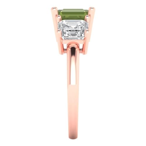 3.25 ct SQ Emerald cut 3 stone Solitaire Natural Green Peridot Engagement Promise Anniversary Bridal Ring 14k Rose Gold 3.5