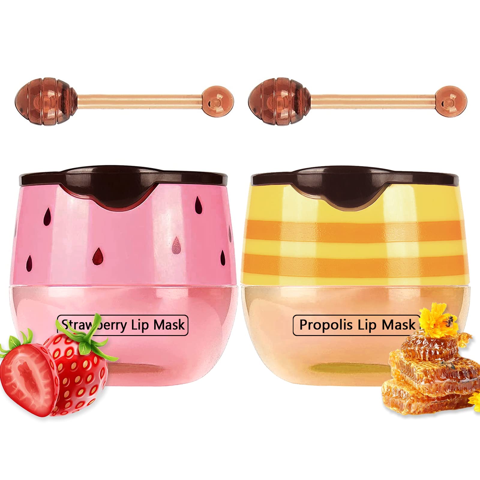2PCS Bee Lip Balm Honey Pot & Strawberry Vitamin E Lip Sleep Masks Hydrating Prevention Dry and Cracked Lip Scrubs Exfoliator, Reduces Lip Lines,Lip Exfoliating Balm Sleeping Lip Mask