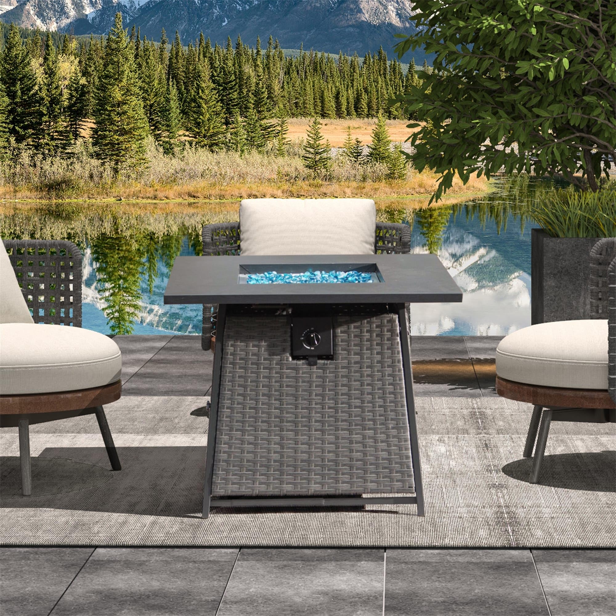 28 Inch Propane Fire Pits Table with Blue Glass Btu Outdoor Wicker 2-in-1 Square Steel Gas Firepits Grey Metal