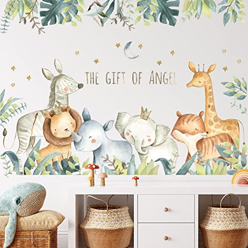 Animals Wall Sticker Green Leaves Wall Decal Cute Elephant Giraffe Zebra Wall Decals Cartoon Moon Stars Wall Mural for Nursery Kids Room