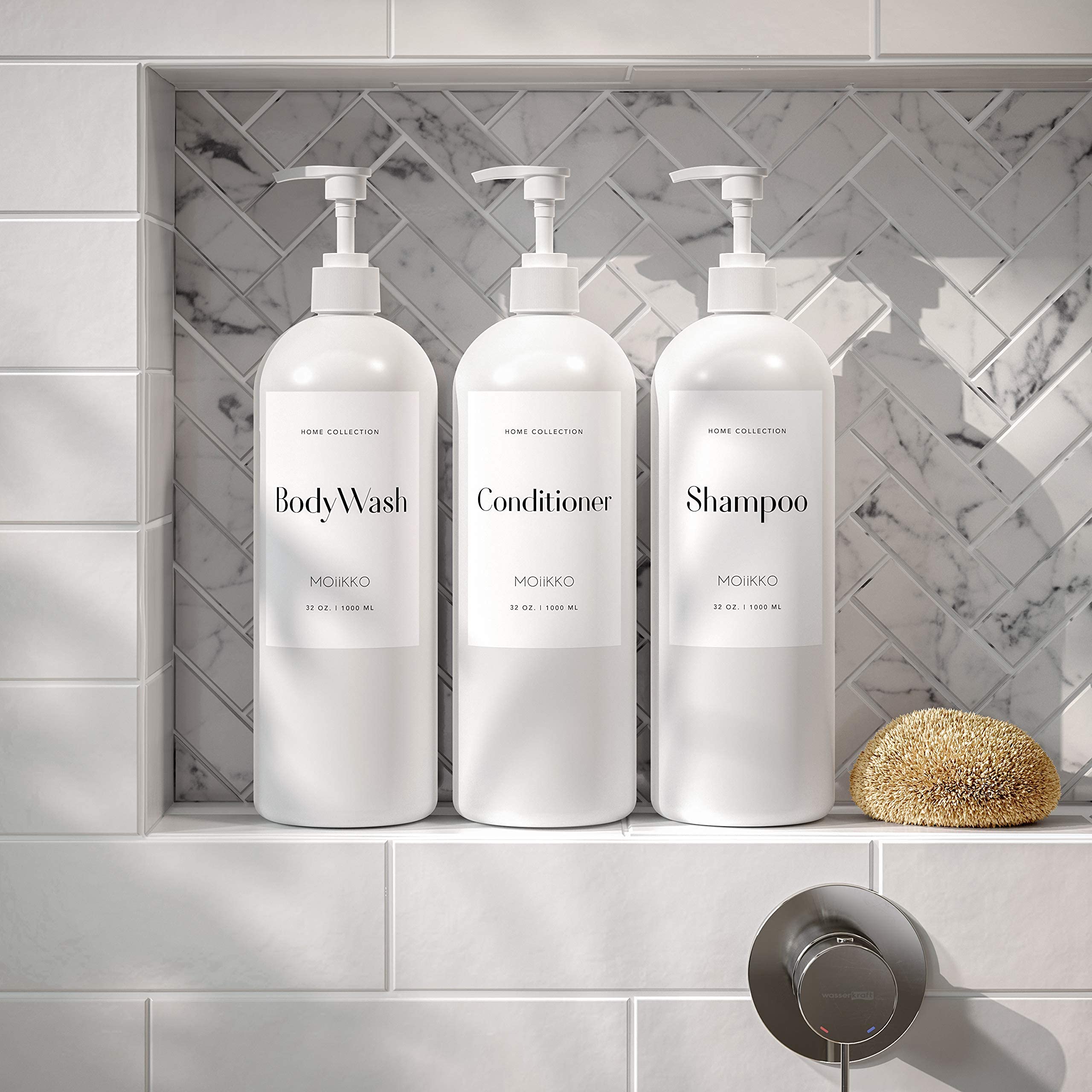 MOIIKKO 32oz Refillable Shampoo and Conditioner Dispenser Bottles - Set of 3 Empty Shampoo Conditioner Body Wash Dispenser with 8 Waterproof Labels