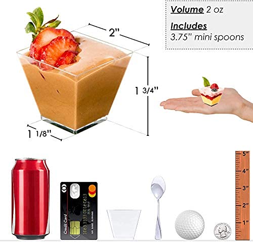 DLux 100 x 2 oz Mini Dessert Cups with Spoons, Square Short - Clear Plastic Parfait Appetizer Cup - Small Reusable Serving Bowl for Tasting Party Desserts Appetizers - With Recipe Ebook