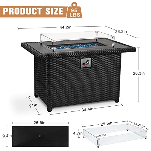 44 in Propane Gas Fire Table Auto-Ignition 50,000BTU, Rectangle Woven Rattan Fire Pit for Outside Patio Garden Deck & Backyard,with Lid and Blue Glass Beads, Glass Wind Guard,CSA Approved(Black)