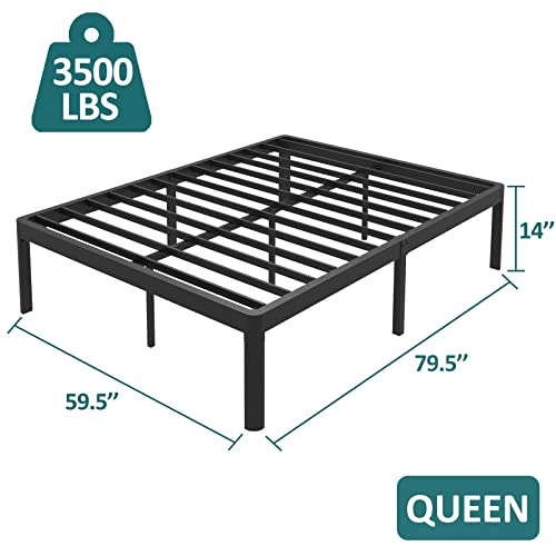 FUIOBYVV Queen Bed Frame with Round Corner Edge Legs, 14 Inch High 3500 lbs Heavy Duty Metal Platform Bed Frame Queen Size, No Box Spring Needed/Non-Slip/Steel Slat Support/Noise Free