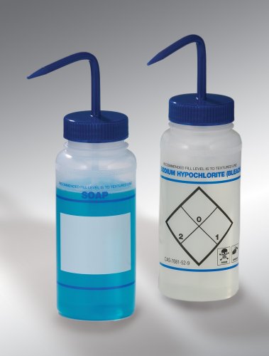 Bel-Art F11646-0631 Safety-Labeled 2-Color Deionized Water Wide-Mouth Wash Bottles; 500ml (16oz), Polyethylene w/Blue Polypropylene Cap (Pack of 6)
