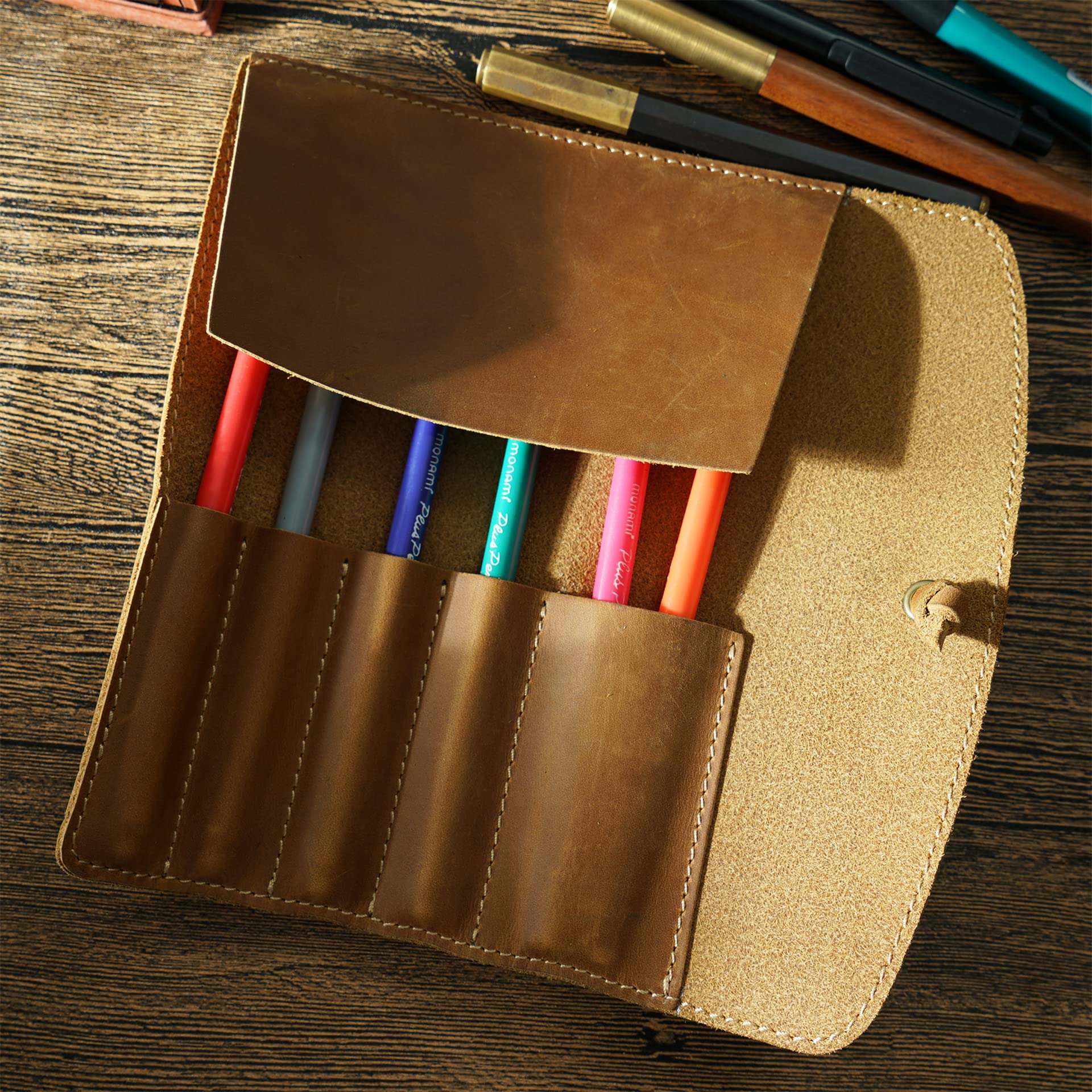 AIGUONIU Vintage Genuine Leather Pencil Roll - Pencil Storage Case/Pouch Organizer Handmade (Brown)