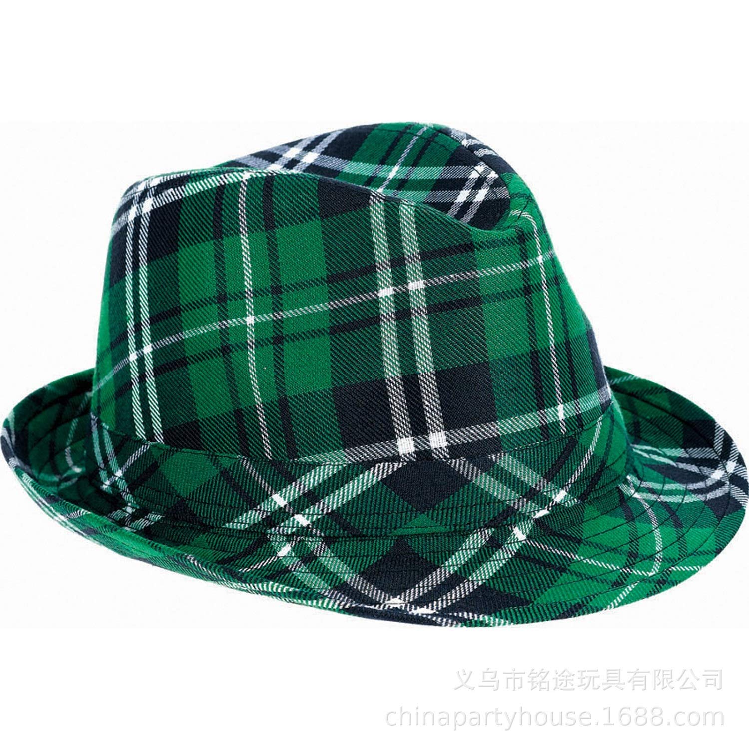 ANIUHL St. Patrick's Day Plaid Fabric Fedora Hat and Bow Tie Set, Green Irish Cap Party Cosplay Costumes Accessory for Women Men