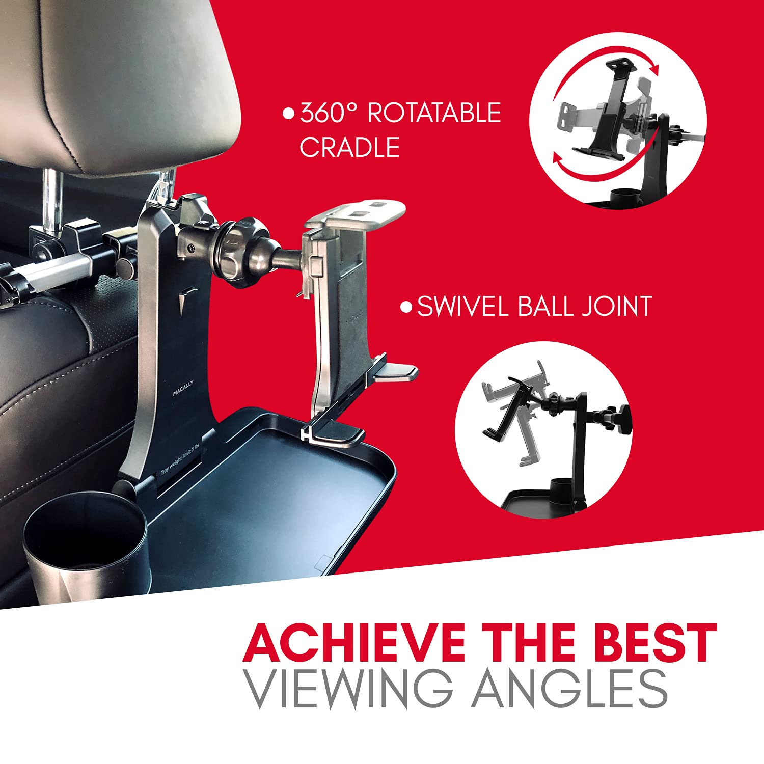 Macally Tablet Mount for Car - iPad Holder with Folding Table Tray - 360 Rotatable - Compatible with Tablets 4.5-10" Wide