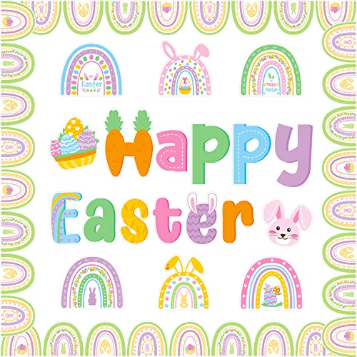 98Pcs Happy Easter Cutouts Bulletin Board Decoration Colorful Springtime Boho Rainbow Trim Borders Easter Bunny Eggs Bohemian DIY Cardstock Paper Cutout for Classroom Home School Nursery Decor