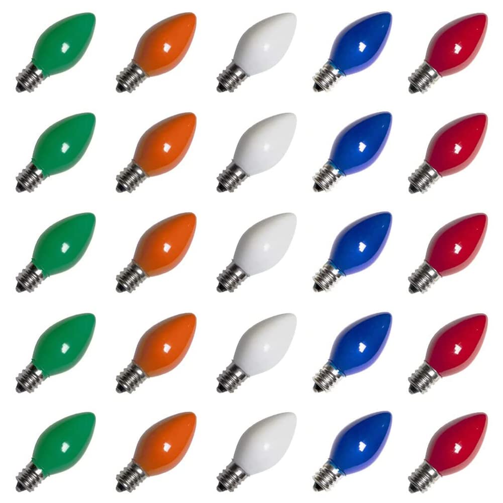 25 Pack C7 LED Multicolor Christmas Replacement Light Bulbs, C7 Vintage Multicolor Ceramic LED Bulbs for Christmas Outdoor Indoor String Lights, E12 Candelabra Base, 0.6 Watt, Saving Enengy LED Bulbs